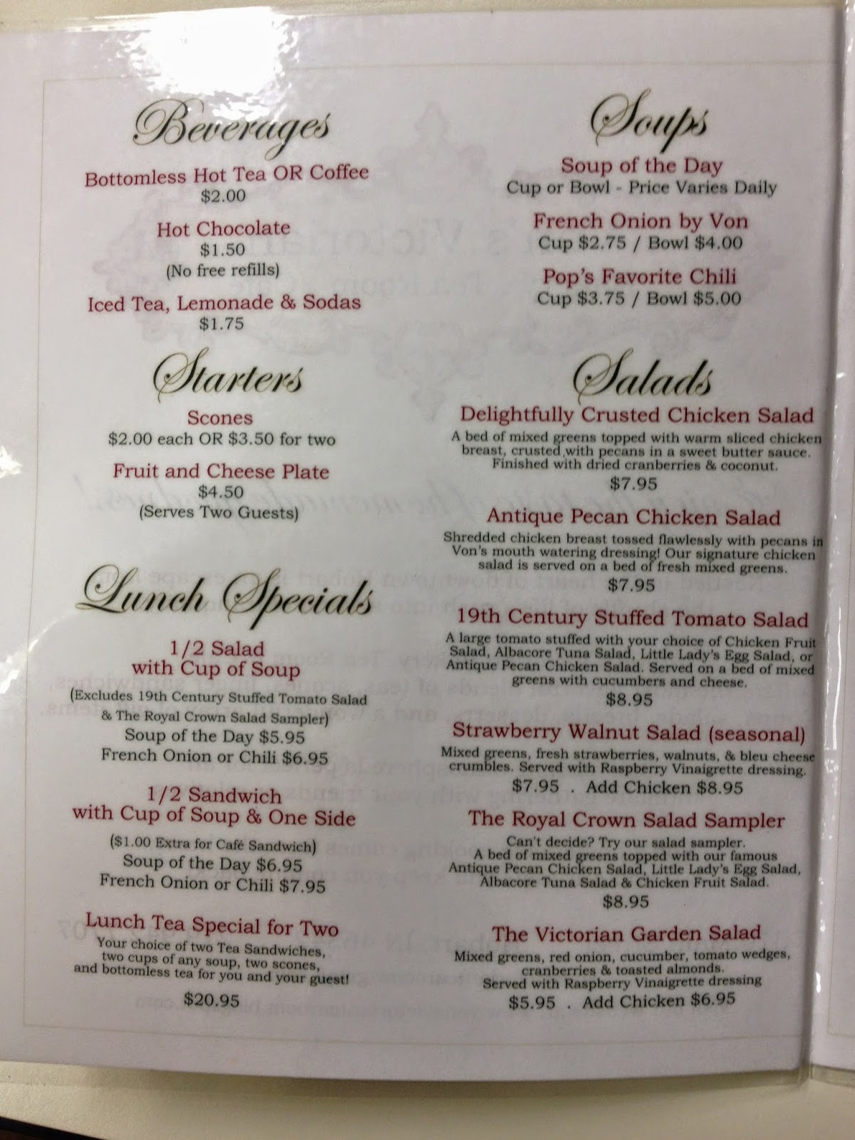 Von's Victorian Bakery, Tea Room, Cafe': Tea Room and Cafe' Menu